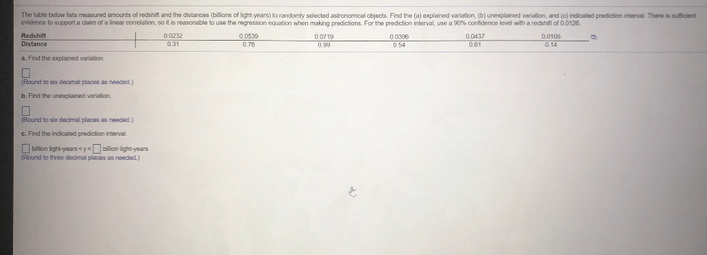 Solved The table below lists measured amounts of redshift | Chegg.com