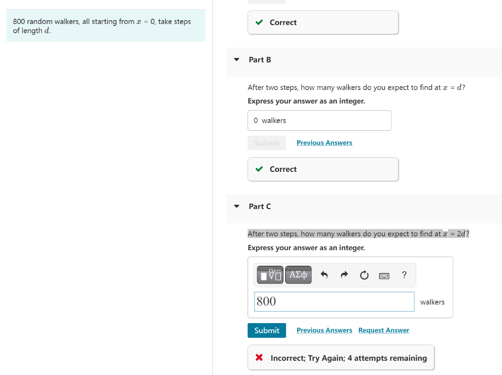 Solved 800 random walkers, all starting from x=0, take steps | Chegg.com