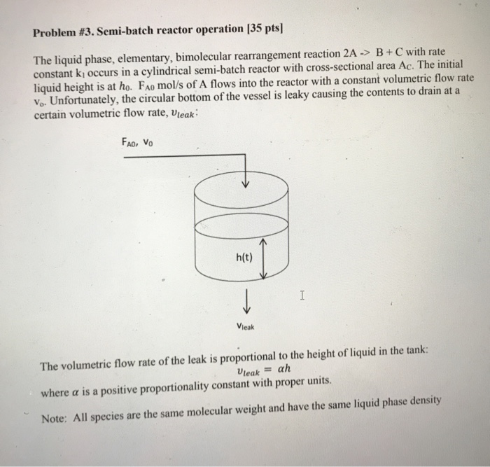 Solved Problem #3. Semi-batch reactor operation 135 pts The | Chegg.com