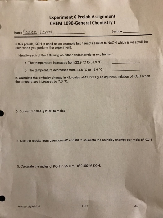 Solved Experiment 6 Prelab Assignment CHEM 1090-General | Chegg.com