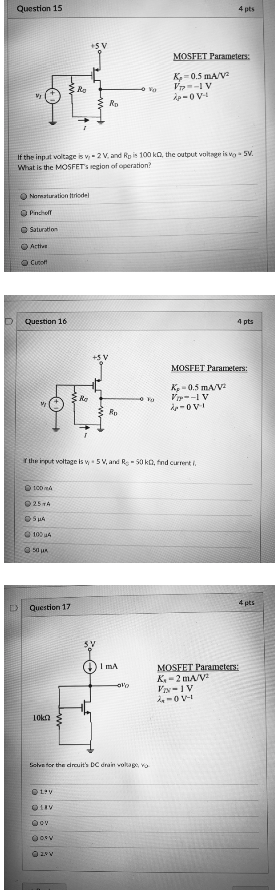 Solved Question 15 4 pts +5 V MOSFET Parameters: RG vo K = | Chegg.com