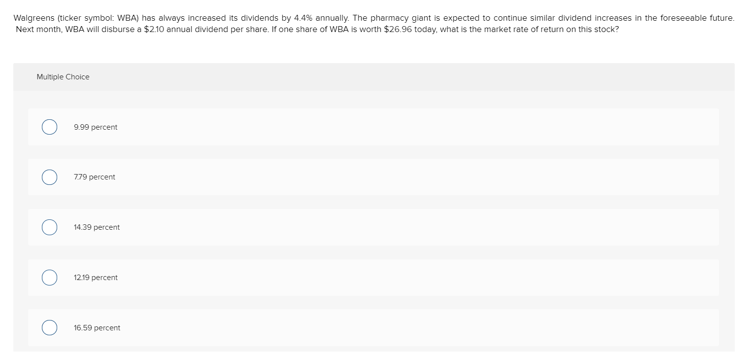 Solved Walgreens (ticker symbol: WBA) has always increased | Chegg.com