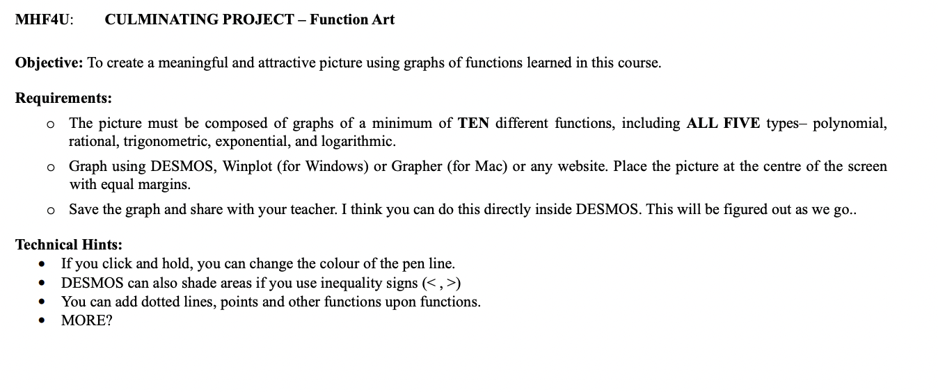 MHF4U: CULMINATING PROJECT - Function Art Objective: | Chegg.com