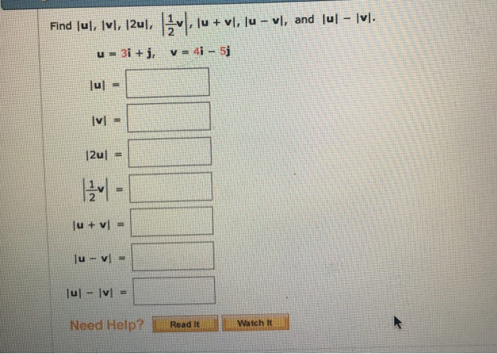 Solved Find |u|, |v|, |2u|, |1/2v|, |u + v|, |u - v|, and | Chegg.com Solved Find |u|, |v|, |2u|, |1/2v|, |u + v|, |u - v|, and | Chegg.com