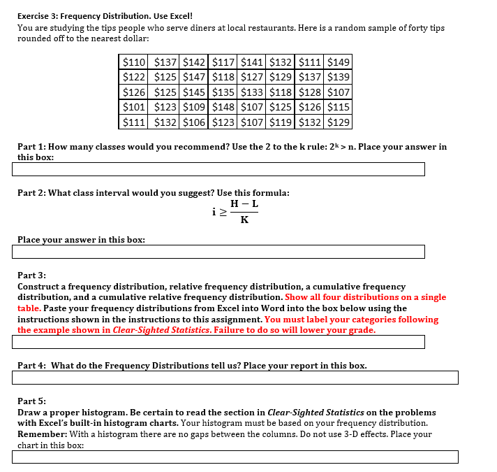Exercise 3: Frequency Distribution. Use Excel! You | Chegg.com