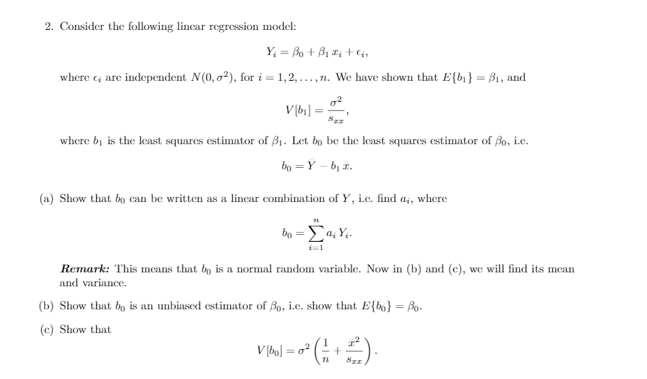 Solved 2. Consider the following linear regression model: Y | Chegg.com