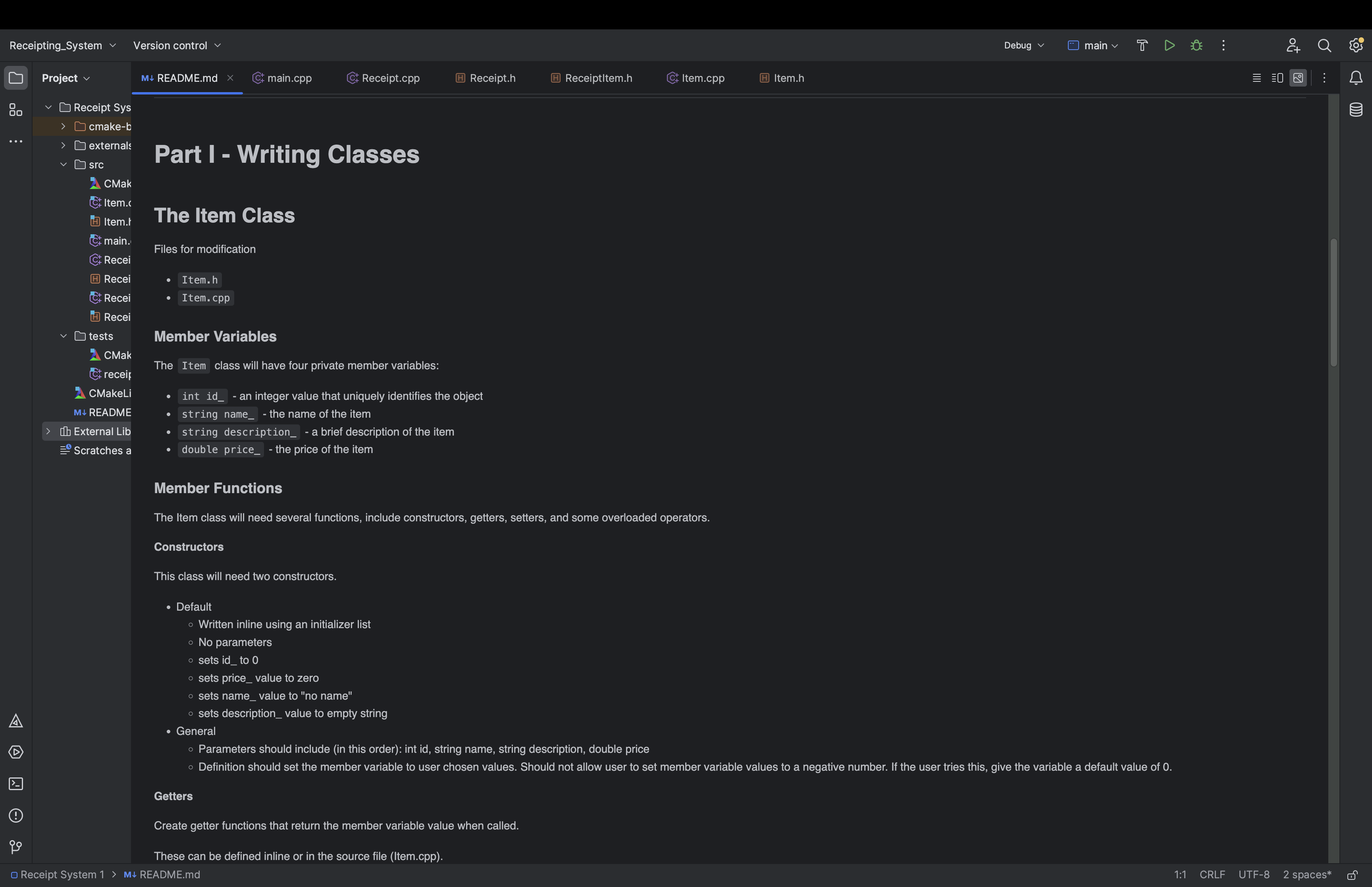 M ↓ README.md C++main.cpp c++Receipt.cpp [H Receipt.h | Chegg.com