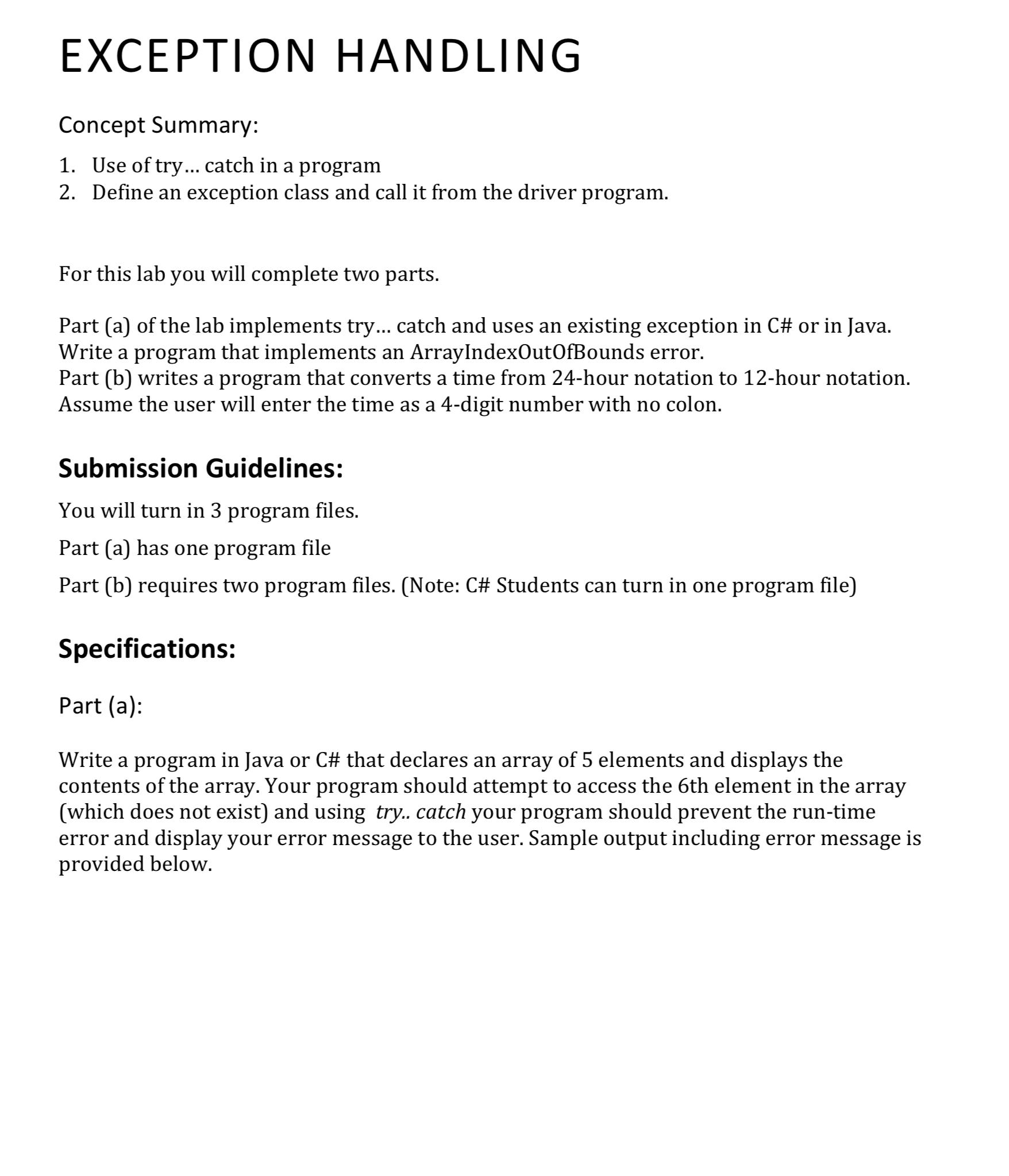 Solved EXCEPTION HANDLING Concept Summary: 1. Use of try... | Chegg.com