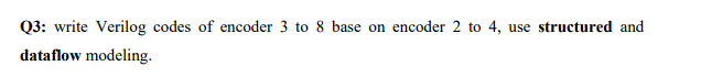 Solved Q3: write Verilog codes of encoder 3 to 8 base on | Chegg.com