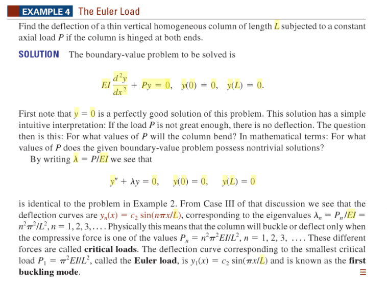 Solved EXAMPLE 4 The Euler Load Find the deflection of a | Chegg.com