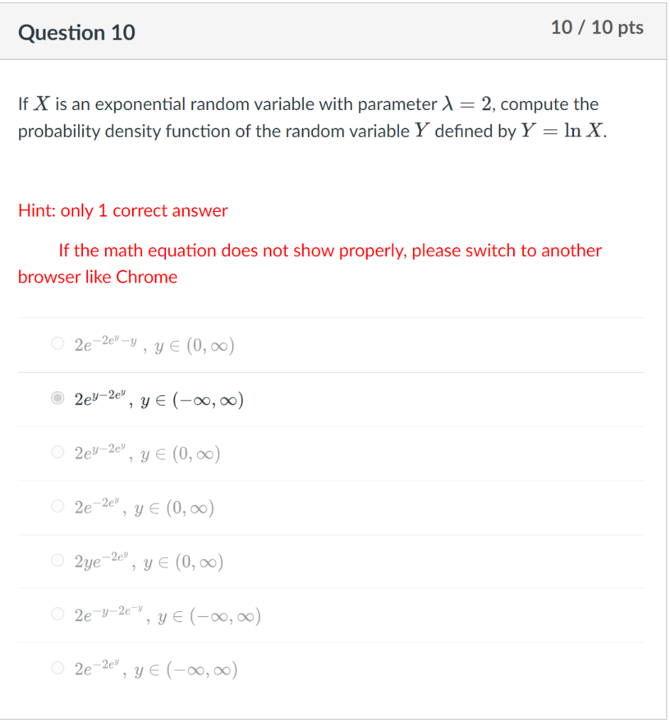 Solved Question 10 10 / 10 pts If X is an exponential random | Chegg.com