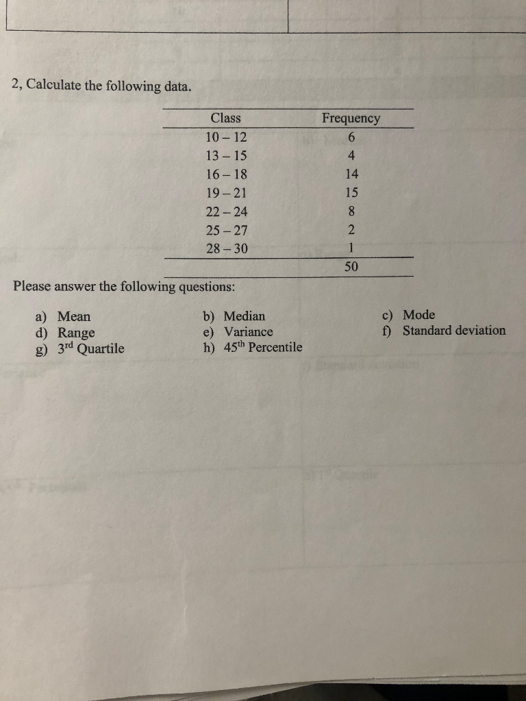 Solved 2, Calculate the following data. Frequency 6 4 Class | Chegg.com
