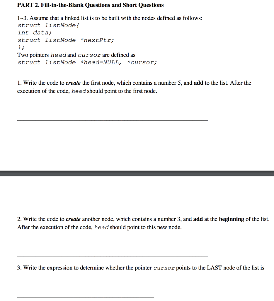 Solved PART 2. Fill-in-the-Blank Questions and Short | Chegg.com