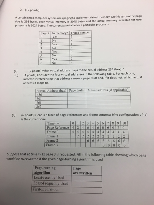 Solved 2. (12 points) A certain small computer system uses | Chegg.com