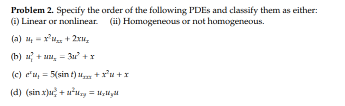Solved Problem 2. Specify the order of the following PDES | Chegg.com