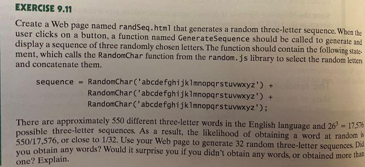 Solved EXERCISE 9.11 Create a Web page named randSeq.html | Chegg.com