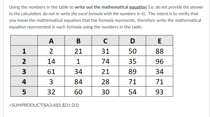 Solved Using the numbers in the table to write out the | Chegg.com