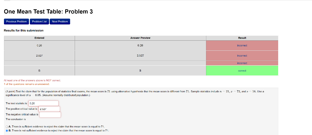 Solved One Mean Test Table: Problem 3 Previous Problem | Chegg.com
