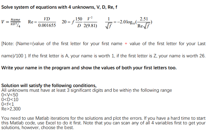 Solve system of equations with 4 unknowns, V, D, Re, | Chegg.com