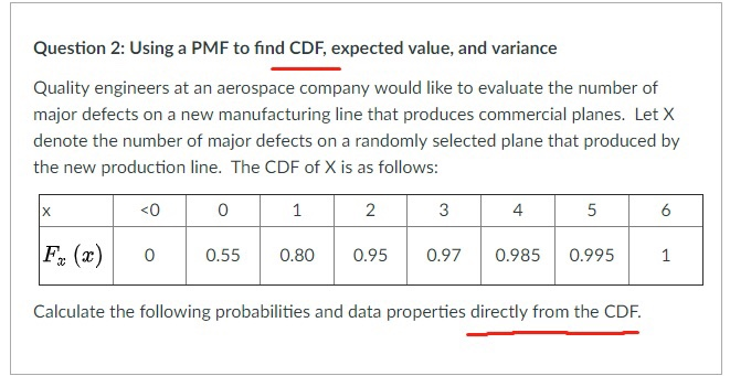 Solved Question 2: Using a PMF to find CDF, expected value, | Chegg.com