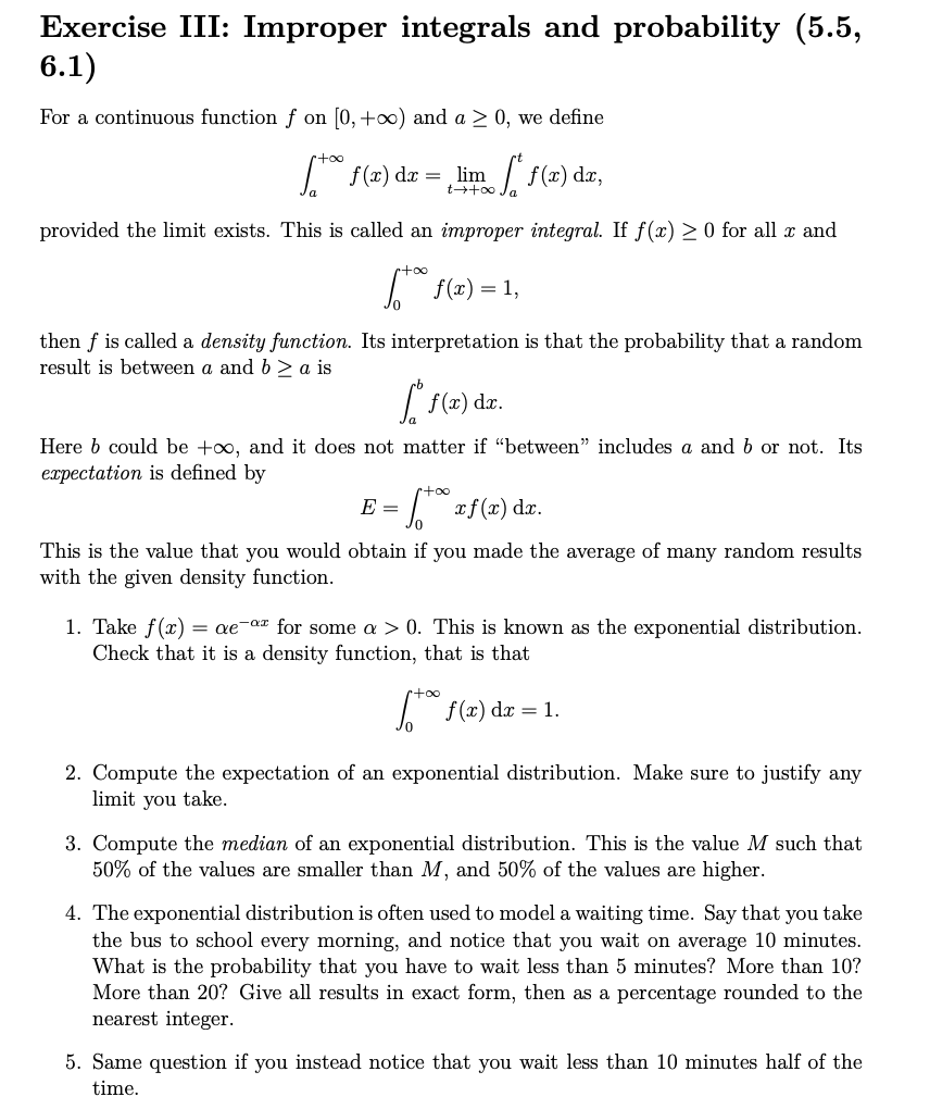 Exercise III: Improper integrals and probability | Chegg.com