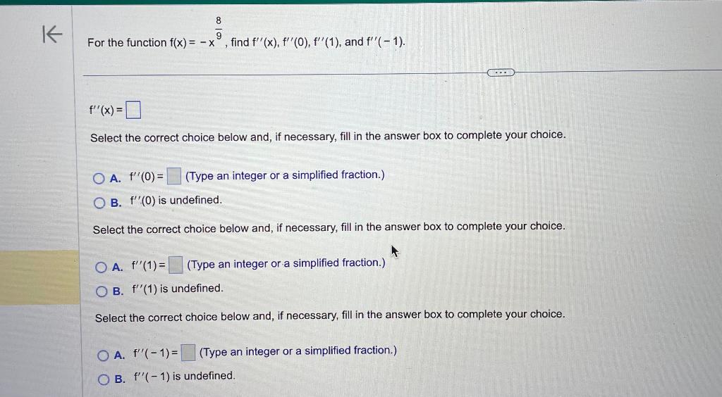 Solved For the function f(x)=−x9, find f′′(x),f′′(0),f′′(1), | Chegg.com