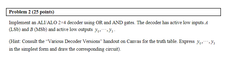Solved Problem 2 (25 points) Implement an ALI/ALO 2x4 | Chegg.com