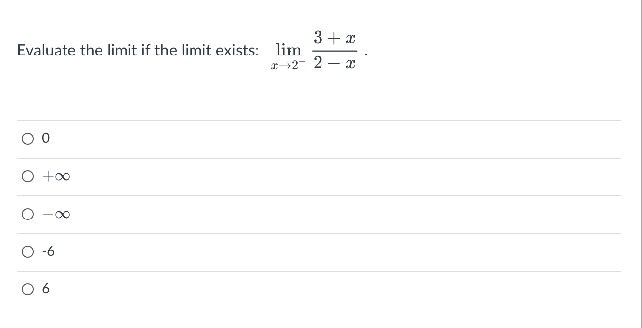 Solved 3+x x 2+ 2 - x Evaluate the limit if the limit | Chegg.com Solved 3+x x 2+ 2 - x Evaluate the limit if the limit | Chegg.com
