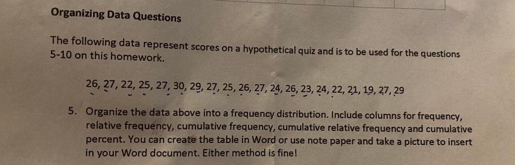 Solved Organizing Data Questions The following data | Chegg.com