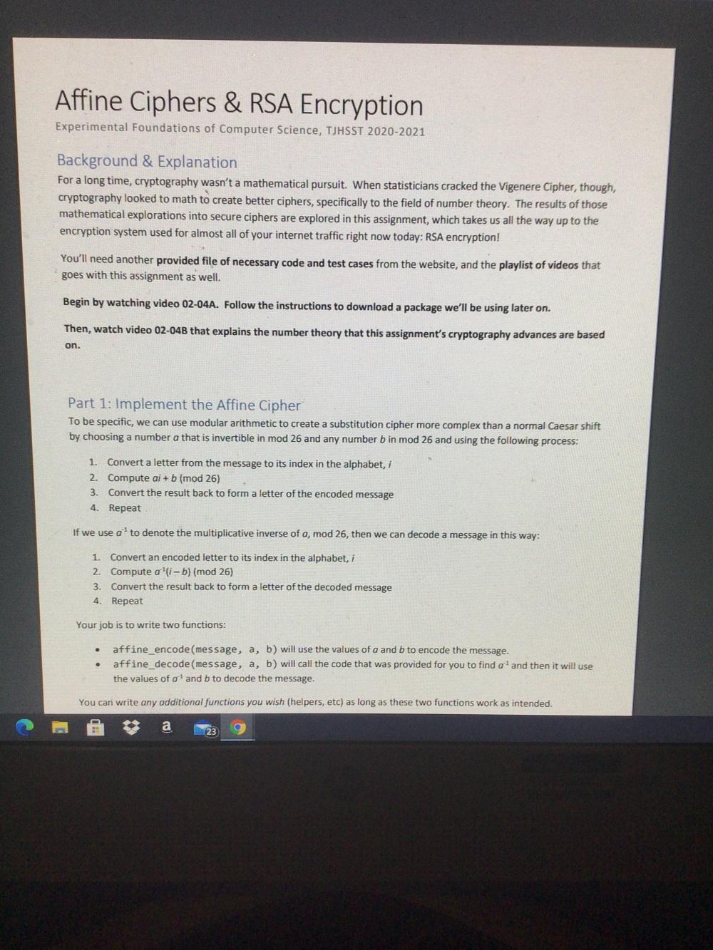 Affine Ciphers & RSA Encryption Experimental | Chegg.com