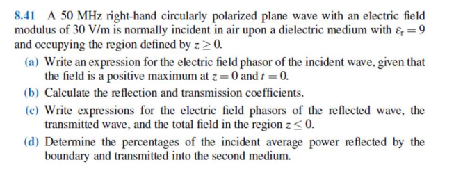 Solved 8.41 A 50MHz right-hand circularly polarized plane | Chegg.com