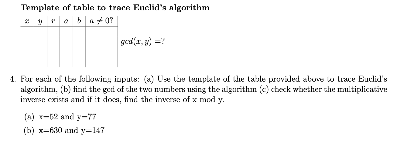 Solved Template of table to trace Euclid's algorithm x yra 6 | Chegg.com