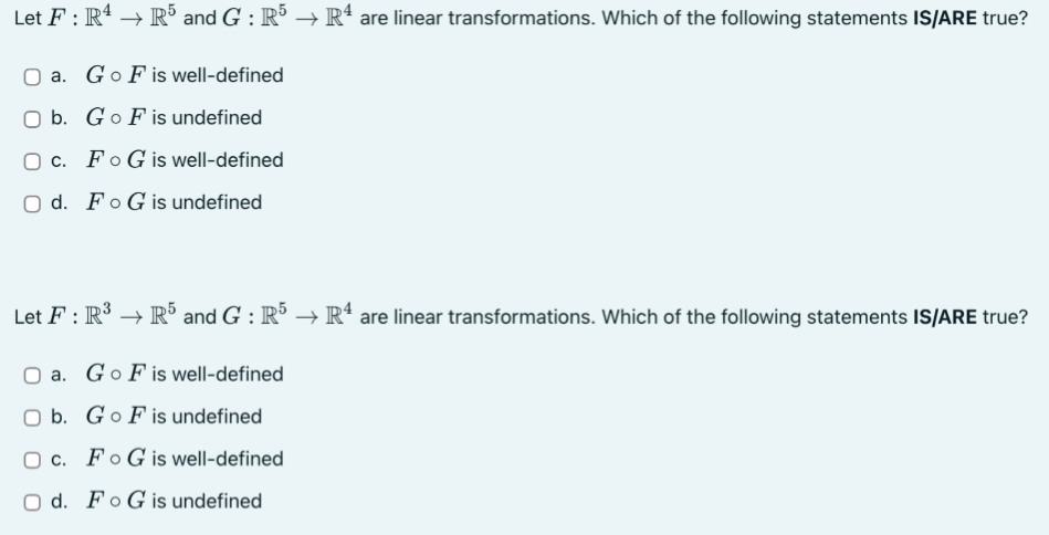 Solved Let F:R4→R5 and G:R5→R4 are linear transformations. | Chegg.com