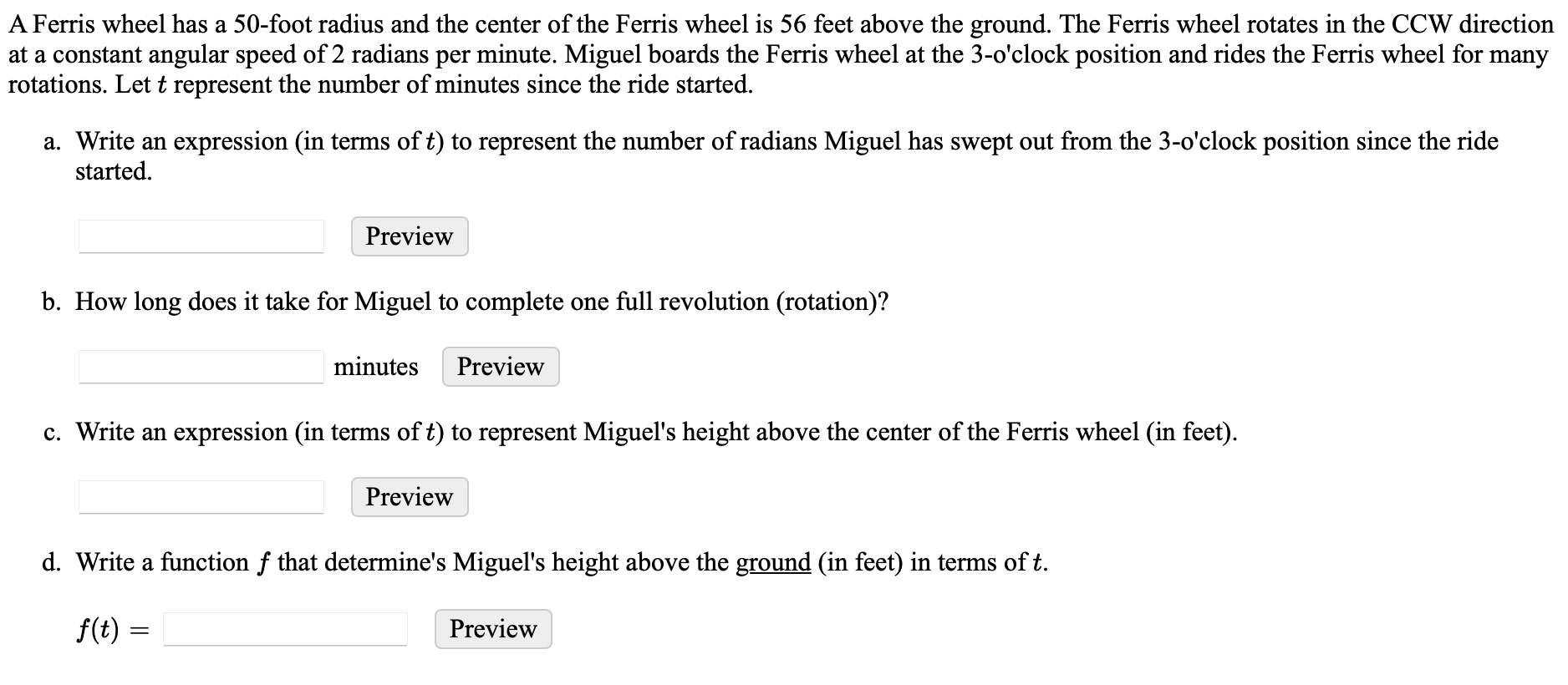 Solved A Ferris wheel has a 50-foot radius and the center of | Chegg.com