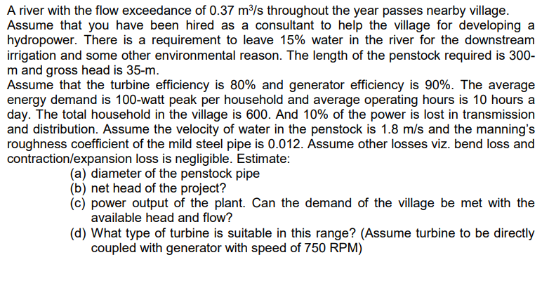 Solved A river with the flow exceedance of 0.37 m3/s | Chegg.com