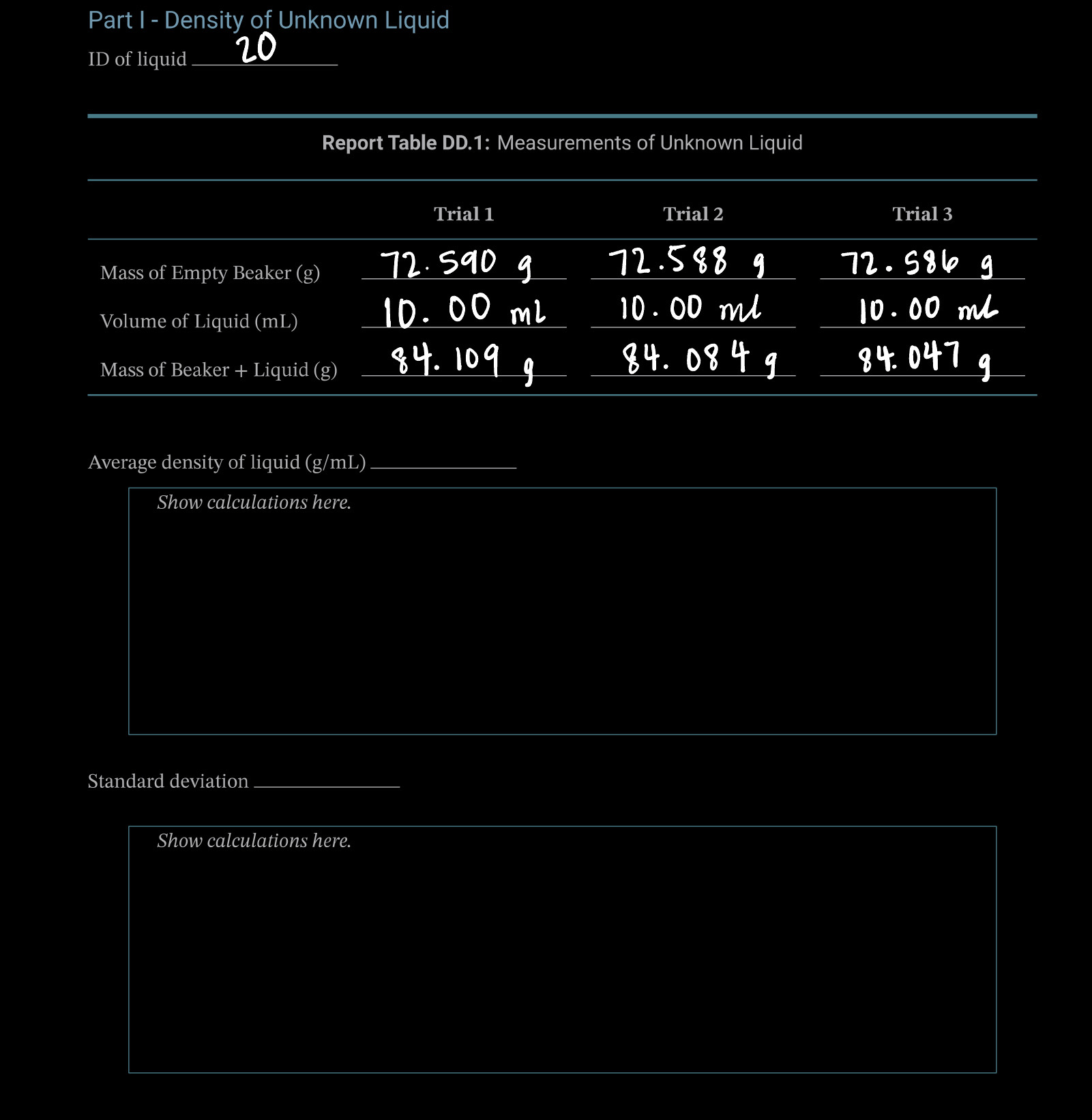 Solved Part I - Density of Unknown Liquid ID of liquid 20 | Chegg.com