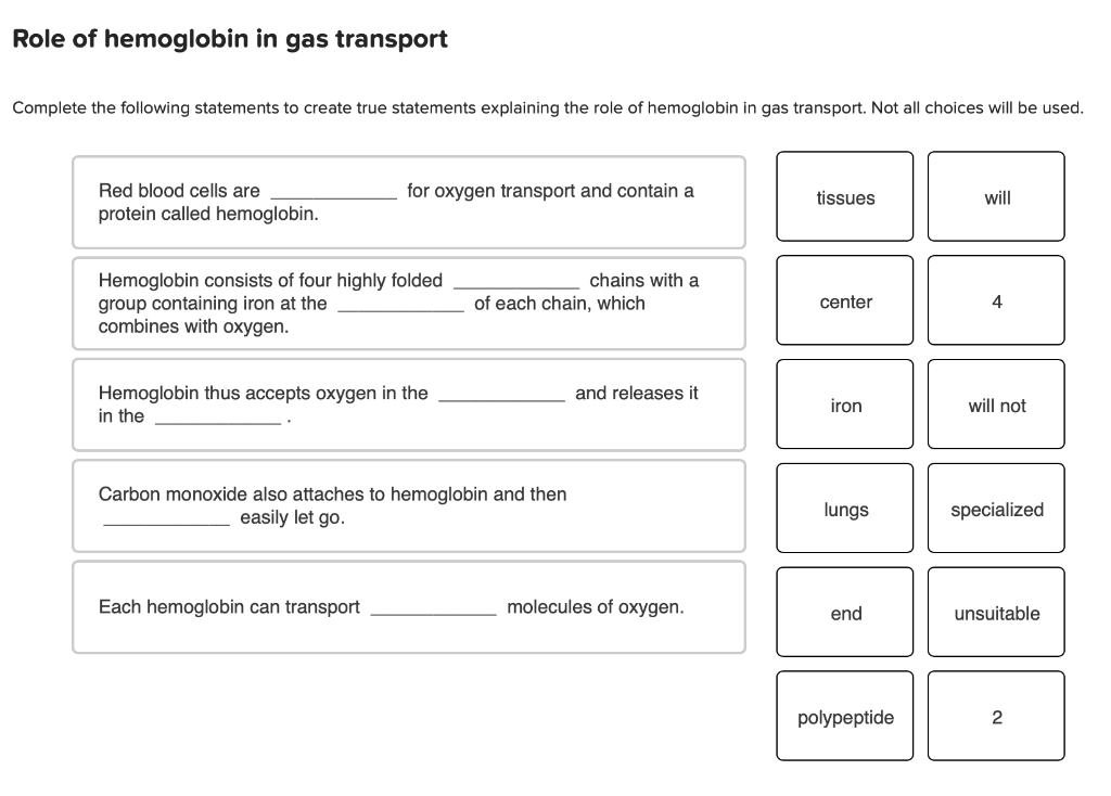 Solved Role of hemoglobin in gas transport Complete the | Chegg.com