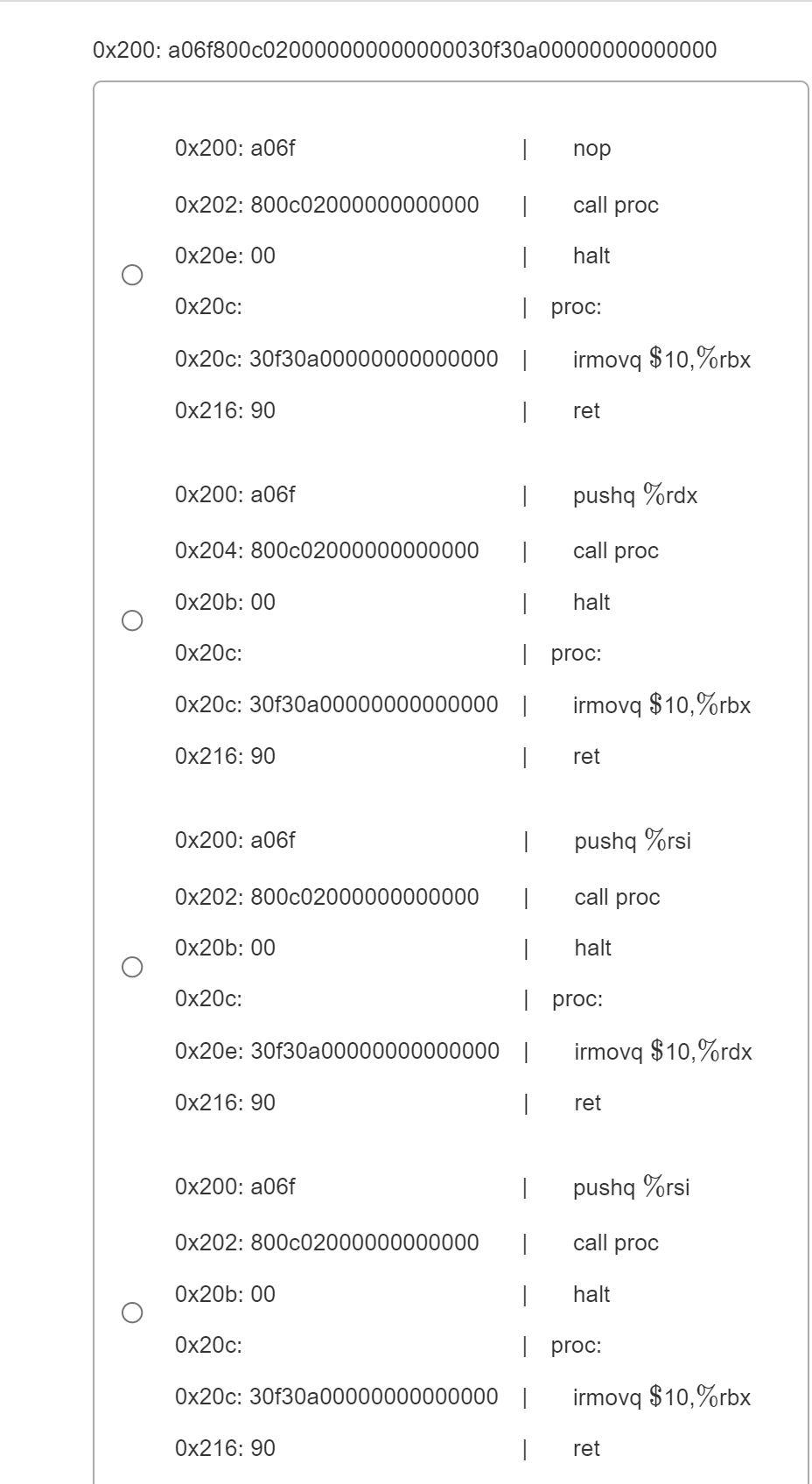 Solved For each byte sequence listed, determine the Y86 | Chegg.com