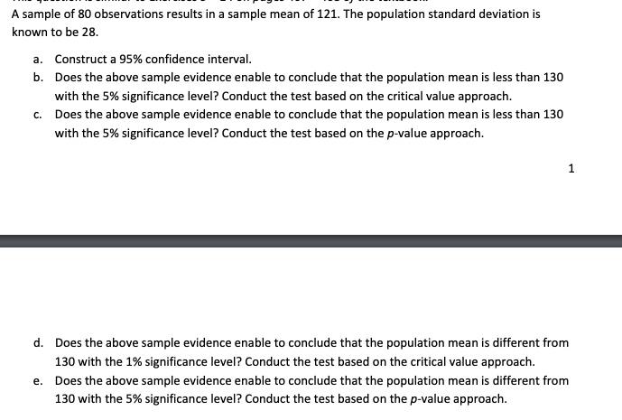 Solved A sample of 80 observations results in a sample mean | Chegg.com