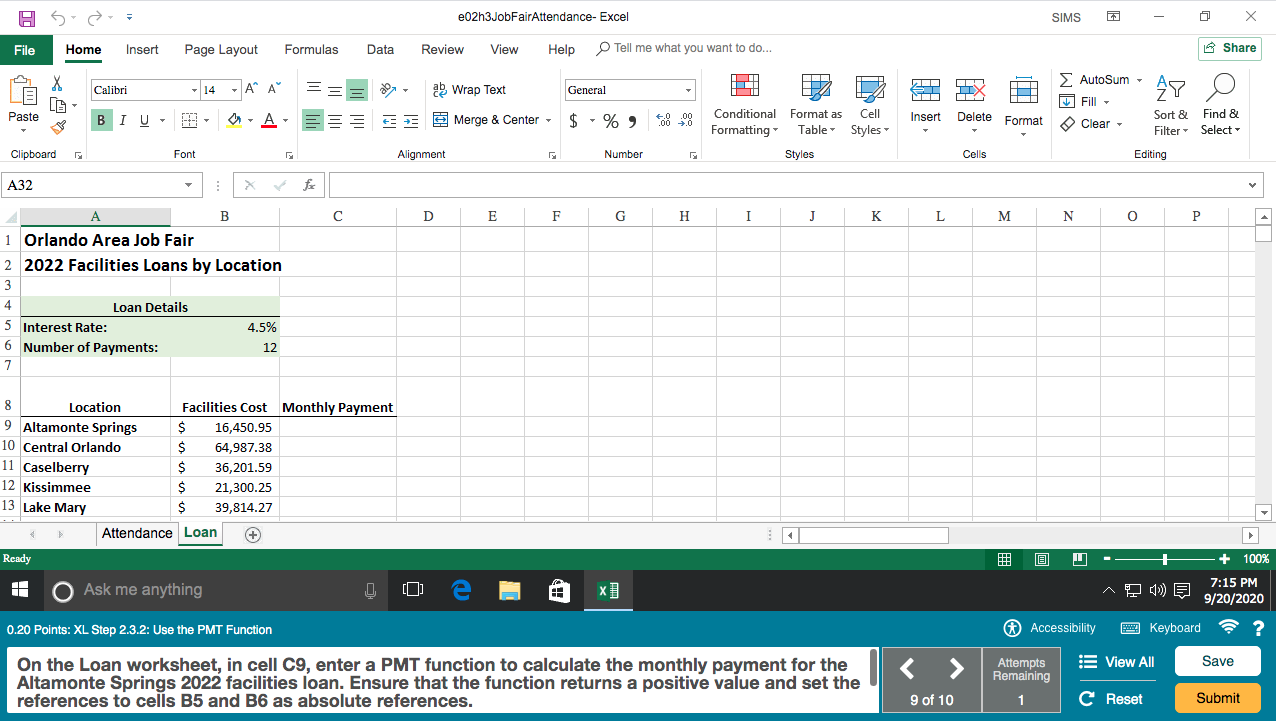 Solved On The Loan Worksheet In Cell C9 Enter A PMT Chegg