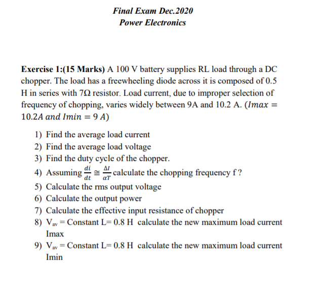 Solved Final Exam Dec.2020 Power Electronics Exercise 1:(15 | Chegg.com