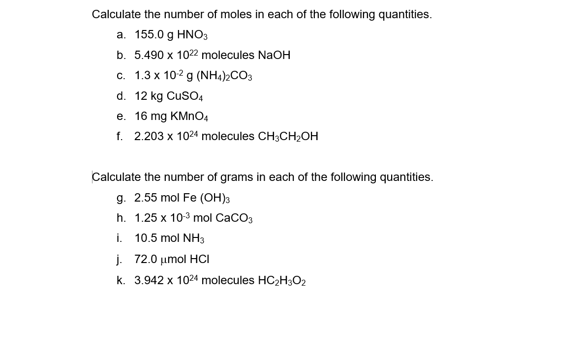 Solved Calculate the number of moles in each of the | Chegg.com