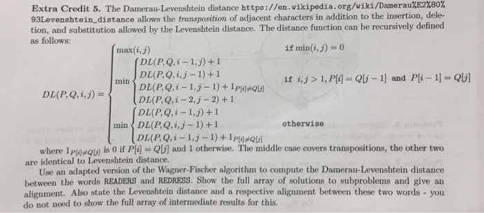 Solved Extra Credit 5. The Damerau Levenshtein distance | Chegg.com