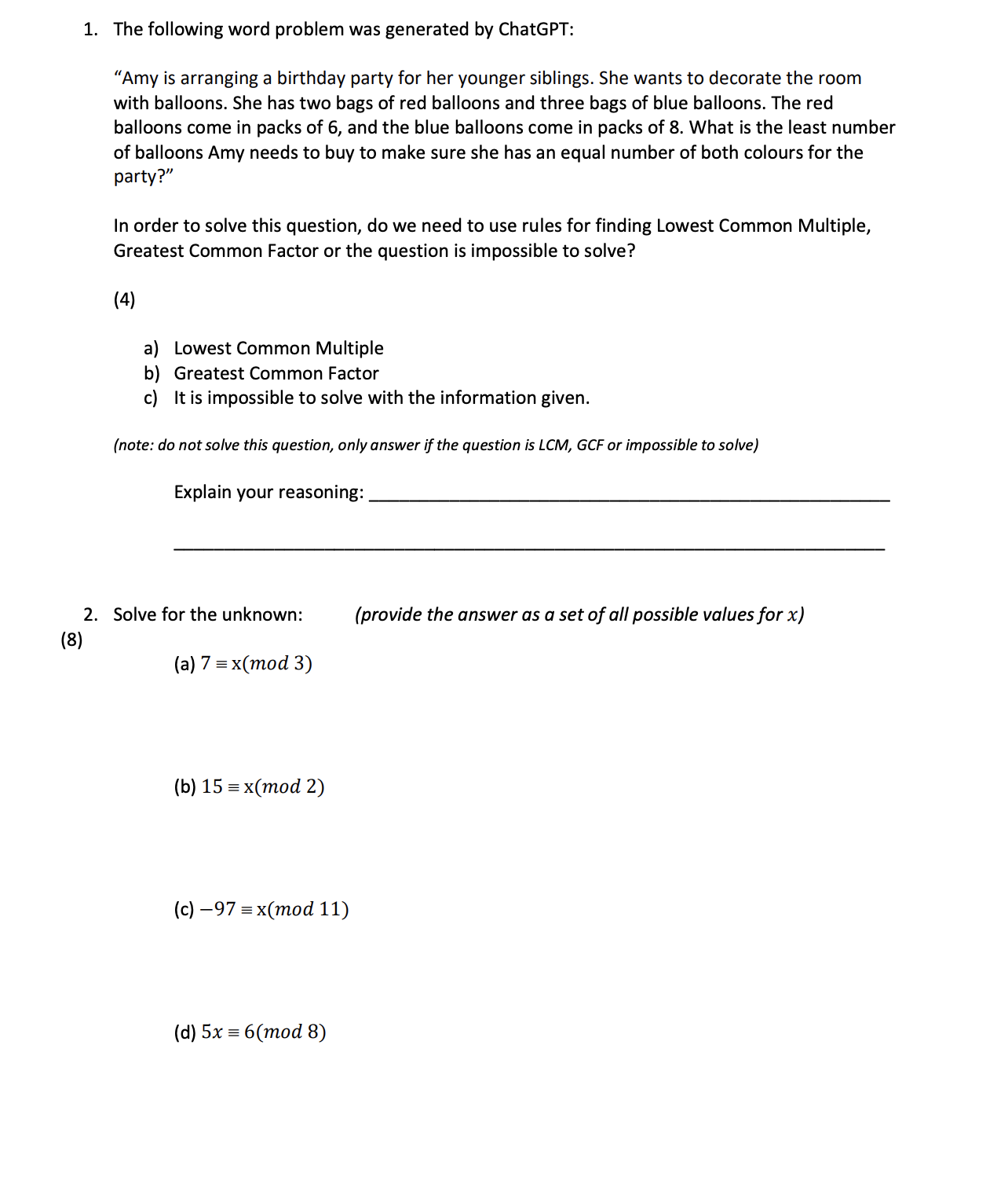Solved 1. The following word problem was generated by | Chegg.com