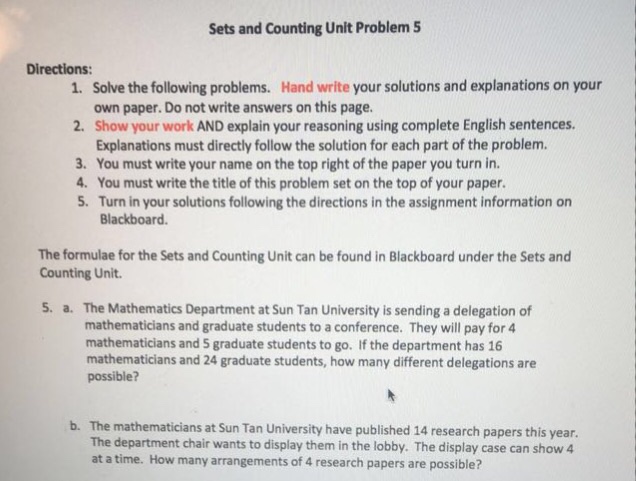 Solved Sets and Counting Unit Problem 5 Directions: 1. Solve | Chegg.com