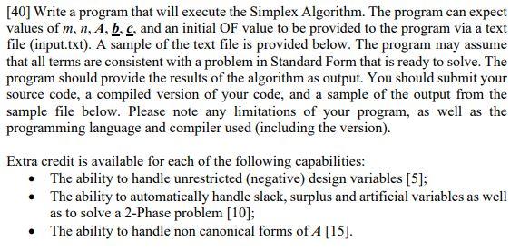 [40] Write a program that will execute the Simplex | Chegg.com