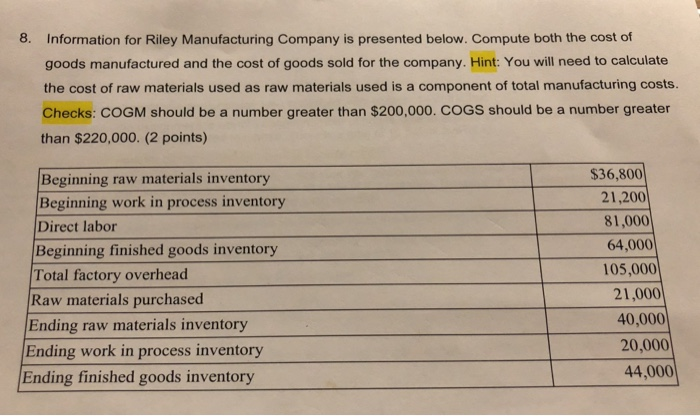 Solved 8. Information for Riley Manufacturing Company is | Chegg.com