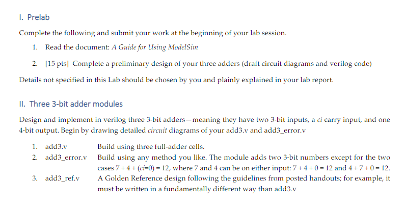 Solved I. Prelab Complete the following and submit your work | Chegg.com