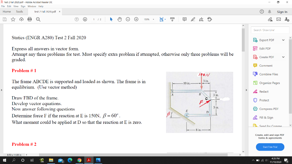 Test 2 Fall 2020.pdt - Adobe Acrobat Reader DC File | Chegg.com