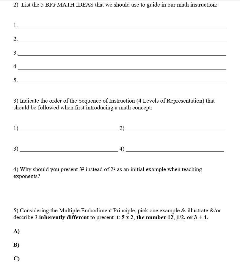 Solved 2) List the 5 BIG MATH IDEAS that we should use to | Chegg.com